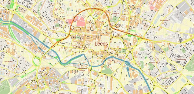 Leeds + Bradford UK Map Vector City Plan High Detailed Street Map ...