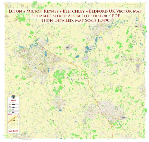 Luton + Milton Keynes + Bedford + Bletchley UK Map Vector City Plan ...