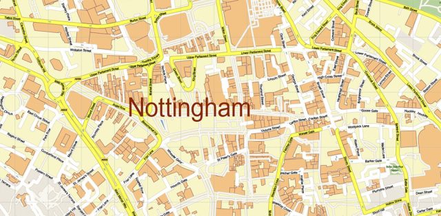 Nottingham + Derby UK PDF Vector Map: City Plan High Detailed Street ...