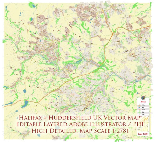 Halifax + Huddersfield UK Map Vector City Plan High Detailed Street Map ...