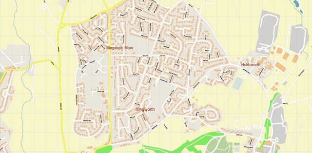 Halifax + Huddersfield UK Map Vector City Plan High Detailed Street Map ...
