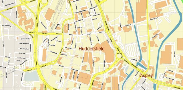 Halifax + Huddersfield UK Map Vector City Plan High Detailed Street Map ...
