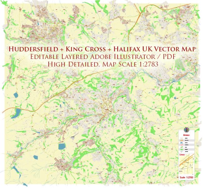 Huddersfield + King Cross + Halifax UK PDF Vector Map: City Plan High Detailed Street Map ...