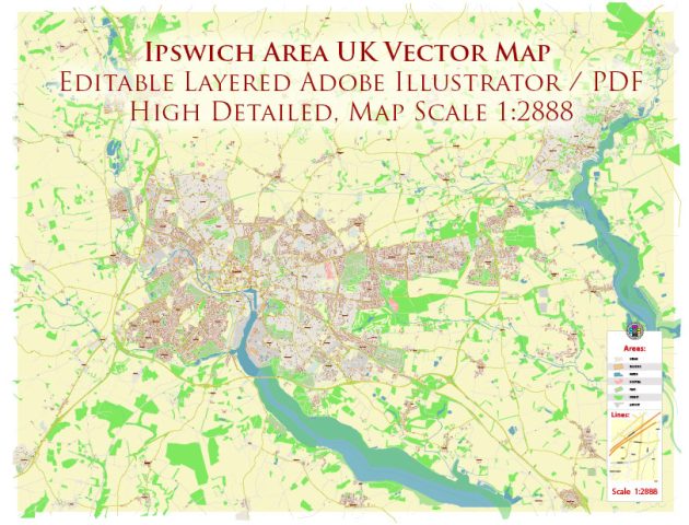 Ipswich UK Map Vector City Plan High Detailed Street Map editable Adobe ...