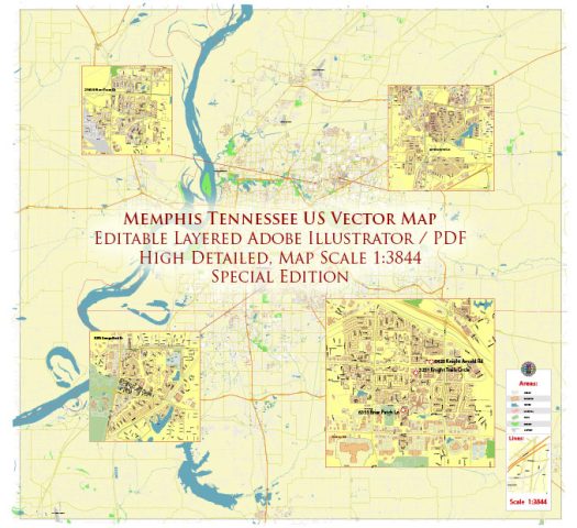 Memphis Tennessee US PDF Vector Map: City Plan High Detailed Street Map ...