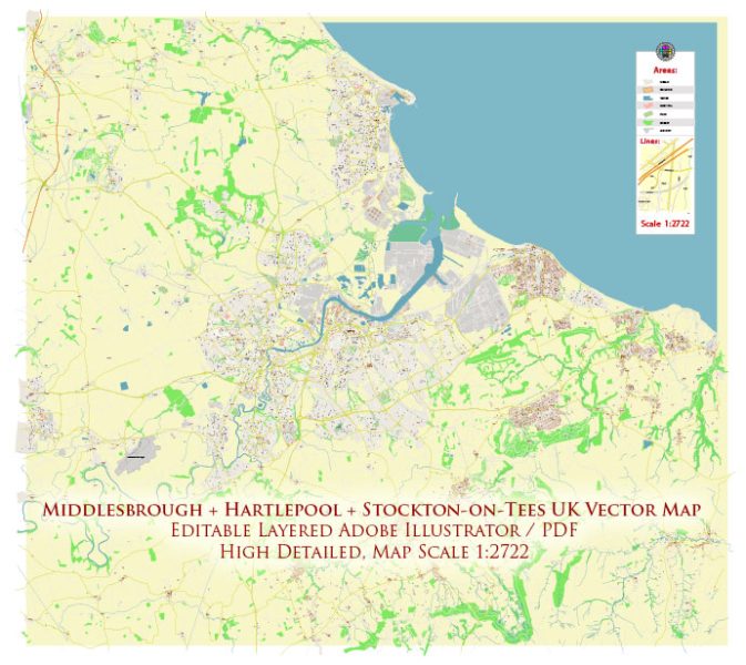 Middlesbrough + Hartlepool + Stockton-on-Tees UK Map Vector City Plan ...
