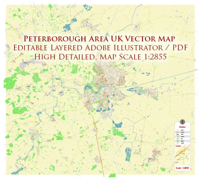 Peterborough Area UK PDF Vector Map: City Plan High Detailed Street Map ...
