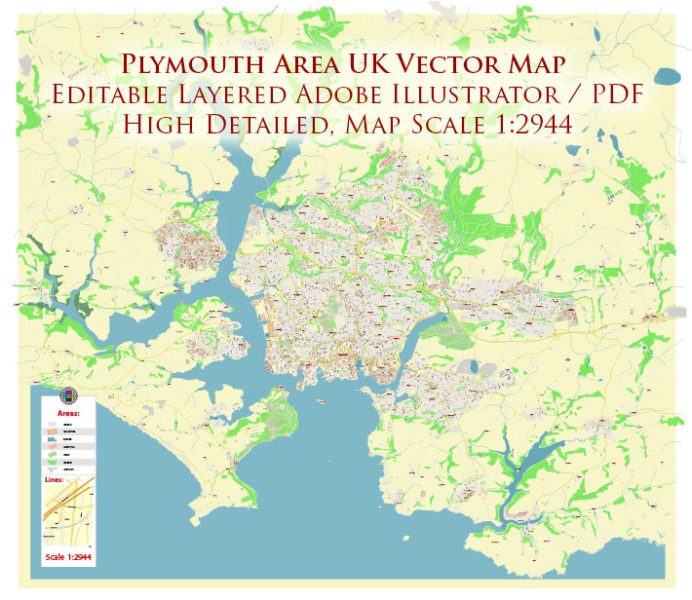 Plymouth Area UK Map Vector City Plan High Detailed Street Map editable ...