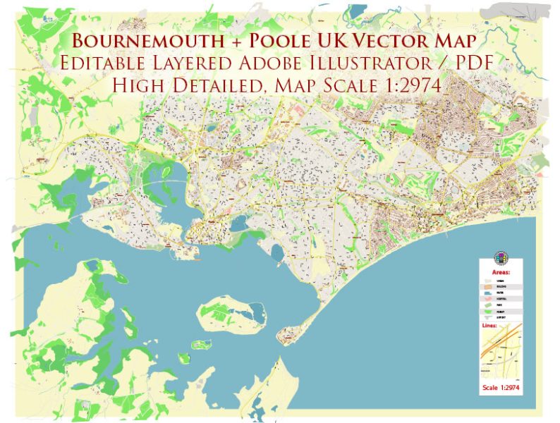 Poole + Bornemouth Area UK PDF Vector Map: City Plan High Detailed ...
