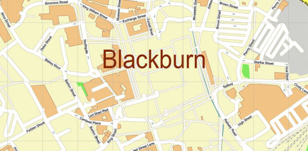 Preston + Blackburn UK PDF Vector Map: City Plan High Detailed Street ...