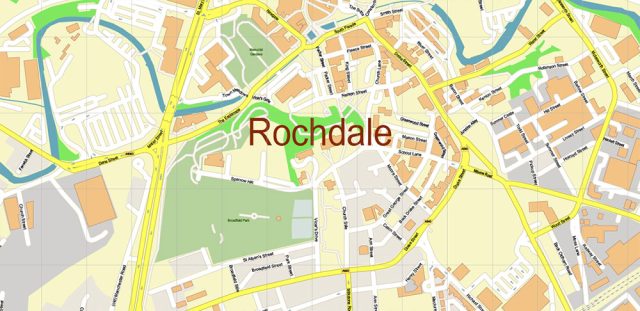 Rochdale + Oldham + Middleton Area UK Map Vector City Plan High ...