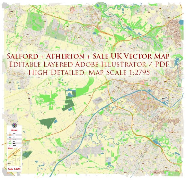 Salford + Atherton + Sale Area UK Map Vector City Plan High Detailed ...