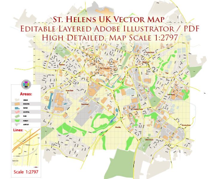 St Helens Area UK PDF Vector Map: City Plan High Detailed Street Map ...