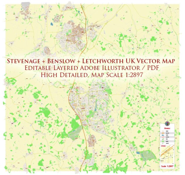 Stevenage + Benslow + Letchworth UK Map Vector City Plan High Detailed ...