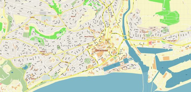 Swansea Area UK PDF Vector Map: City Plan High Detailed Street Map ...