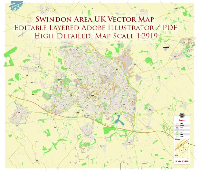 Swindon Area UK Map Vector City Plan High Detailed Street Map editable ...