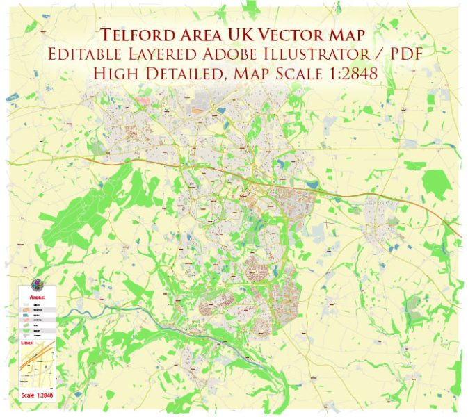Telford Area UK Map Vector City Plan High Detailed Street Map editable ...