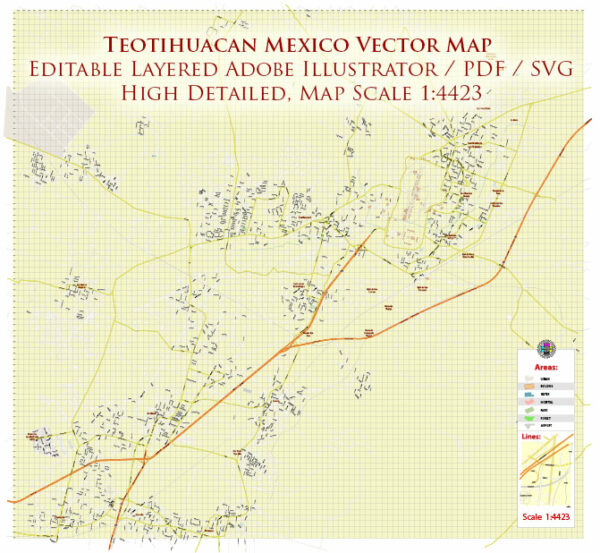 Mexico City + Teotihuacan (.Ai + .PDF + .SVG) Map Vector Exact City ...