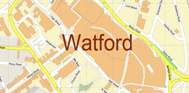 Watford + St Albans + Hemel Hempstead UK Map Vector City Plan High ...