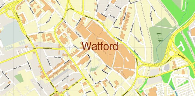 Watford + St Albans + Hemel Hempstead UK Map Vector City Plan High ...