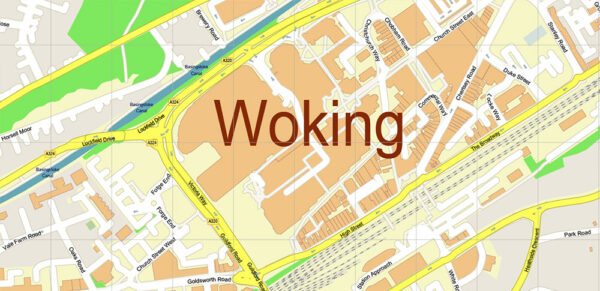 Woking + Guildford UK Map Vector City Plan High Detailed Street Map ...