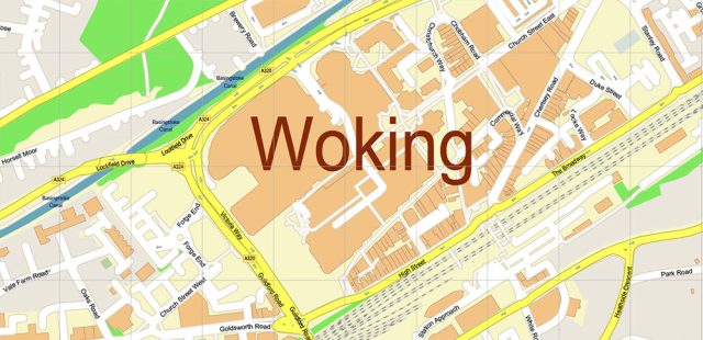 Woking + Guildford UK Map Vector City Plan High Detailed Street Map ...