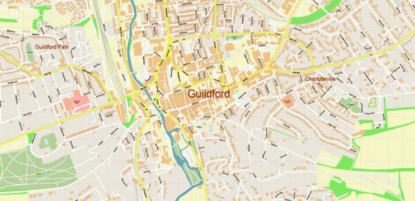 Woking + Guildford UK Map Vector City Plan High Detailed Street Map ...
