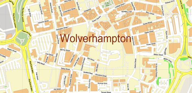 Wolverhampton + Dudley UK Map Vector City Plan High Detailed Street Map ...