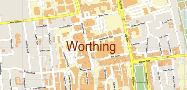 Worthing Area UK Map Vector City Plan High Detailed Street Map editable ...