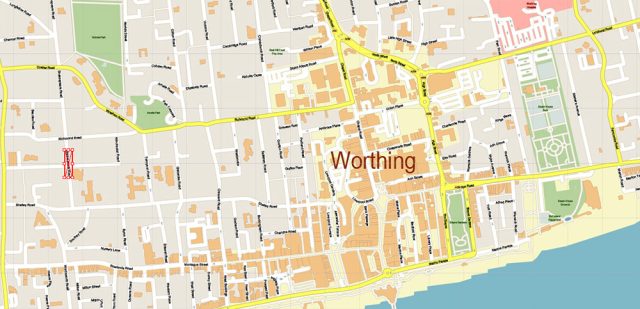 Worthing Area UK Map Vector City Plan High Detailed Street Map editable ...