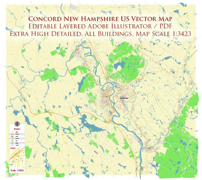 Concord New Hampshire US Vector Map: High Detailed Street Map editable ...