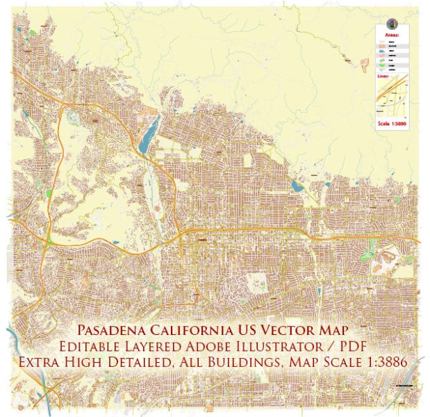 Pasadena California US PDF Vector Map: City Plan High Detailed Street ...