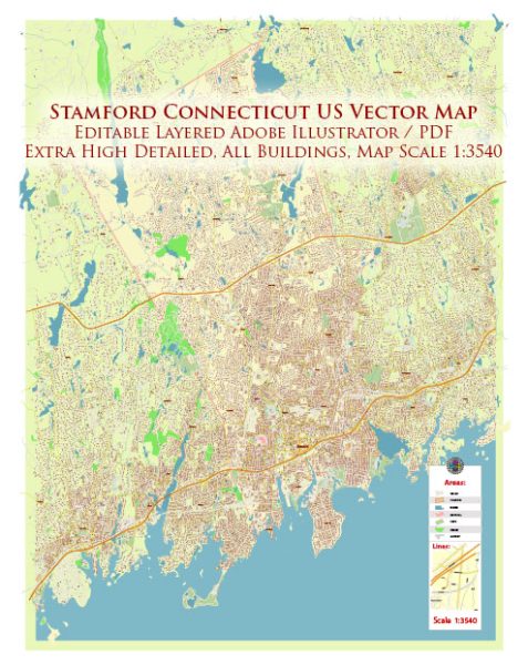 Stamford Connecticut US PDF Vector Map: High Detailed Street Map ...