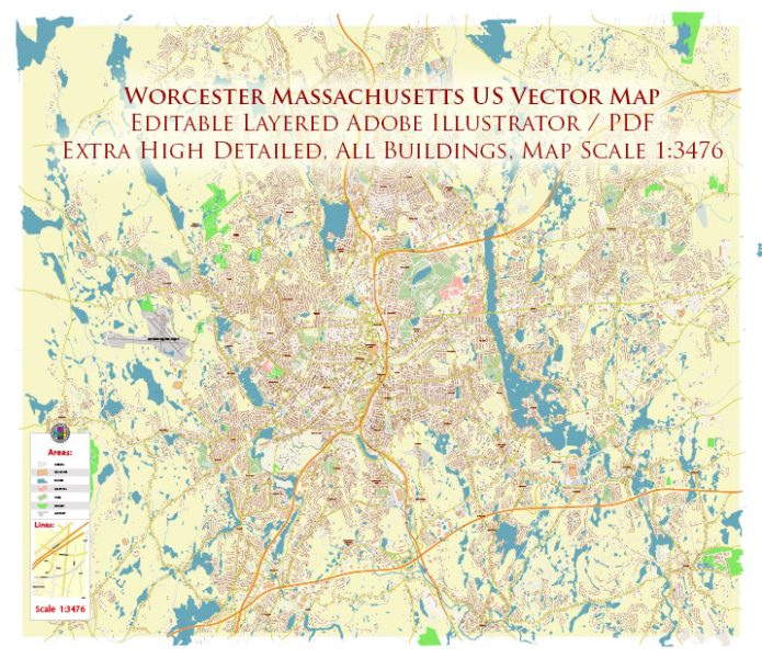 Worcester Massachusetts US Vector Map: High Detailed Street Map ...
