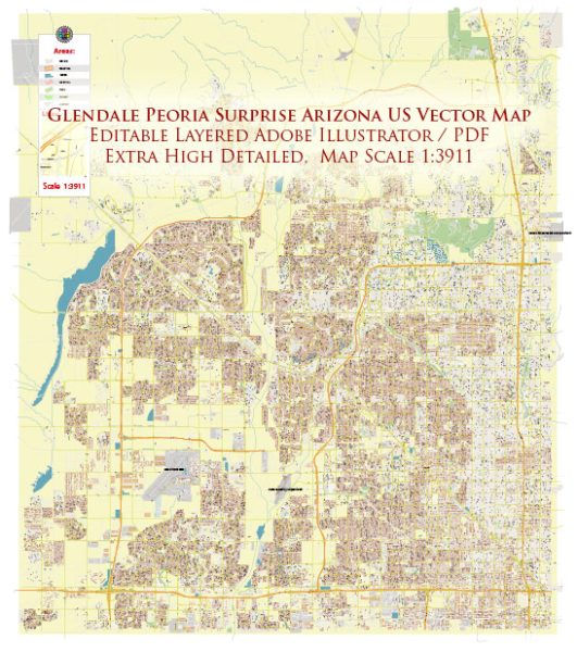 Glendale + Peoria + Surprise Arizona US Map Vector Extra High Detailed ...