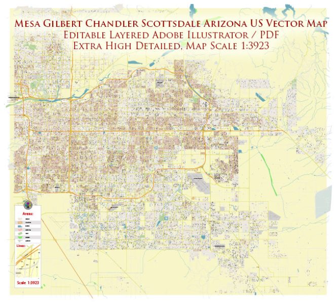 Mesa + Gilbert + Chandler + Scottsdale + Tempe Arizona US Map Vector ...