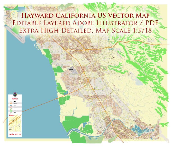 Hayward California US PDF Vector Map: Extra High Detailed Street Map ...