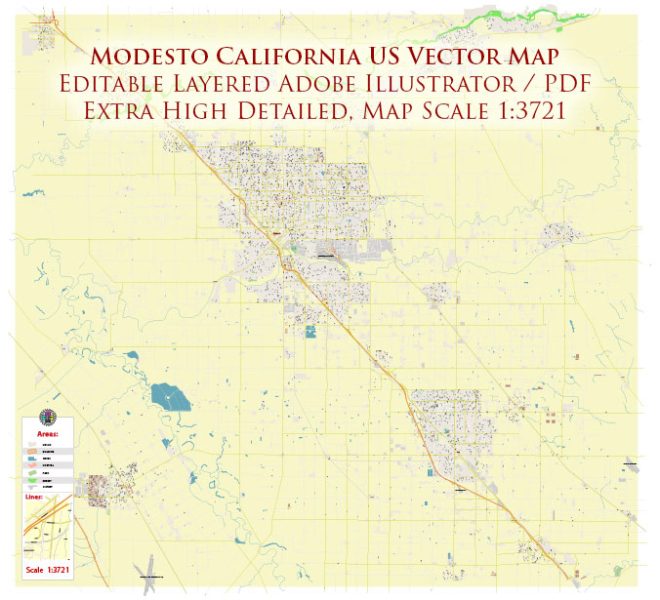 Modesto California US Map Vector Extra High Detailed Street Map ...