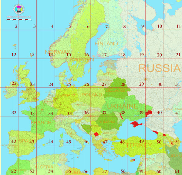 Europe Full Road Tourist Map multi-page atlas, contains 60 pages vector ...