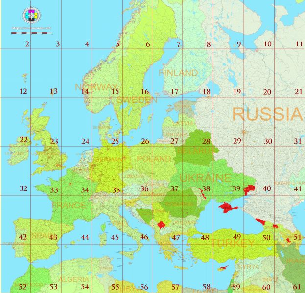 Europe Full Road Tourist Map multi-page atlas, contains 60 pages vector ...