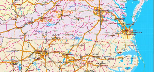 United States and Canada Vector Map Main Roads Cities States Counties ...