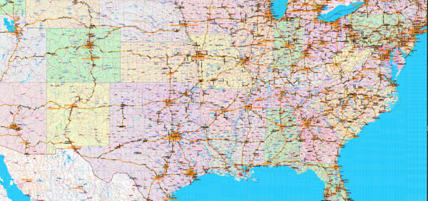 United States and Canada Vector Map Main Roads Cities States Counties ...