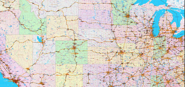 United States and Canada Vector Map Main Roads Cities States Counties ...