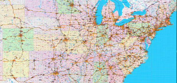 United States and Canada Vector Map Main Roads Cities States Counties ...