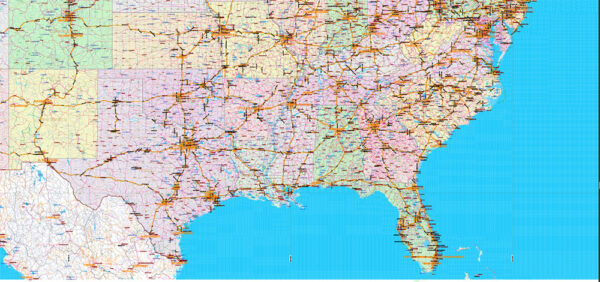 United States and Canada Vector Map Main Roads Cities States Counties ...