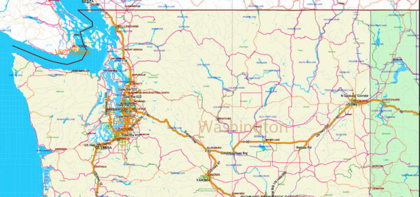 United States and Canada Vector Map Main Roads Cities States Counties ...