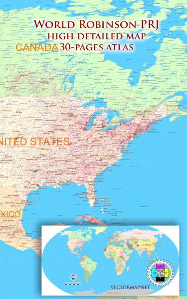 World Robinson Projection Detailed Road Map multi-page atlas, contains ...