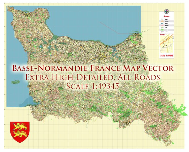 _Basse-Normandie France Vector Map exact extra detailed All Roads ...