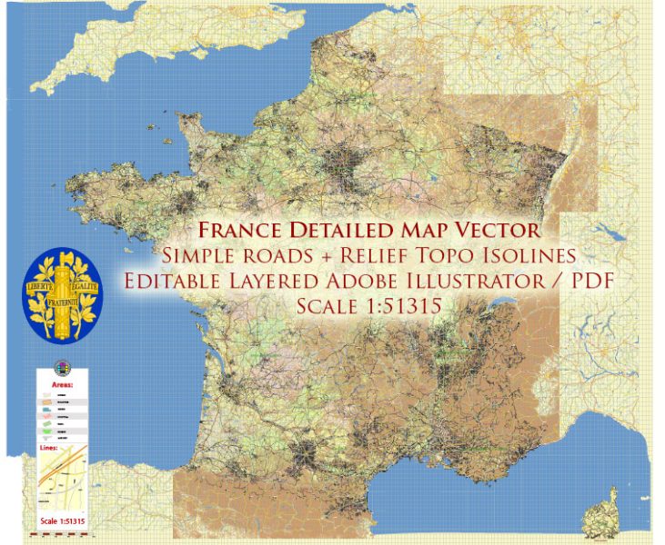_France Mercator Projection Political + Relief Topo Isolines Vector Map ...