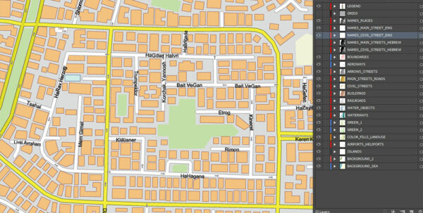 Tel Aviv Israel Vector Map 1971 high detailed layered Adobe Illustrator ...